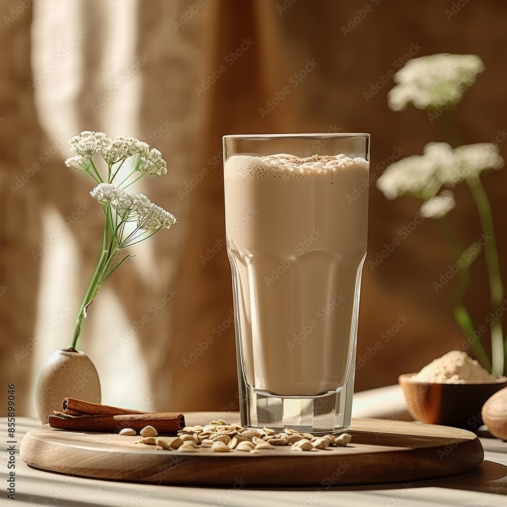 aesthetic protein shake table setup, glas filled with vanilla protein ...