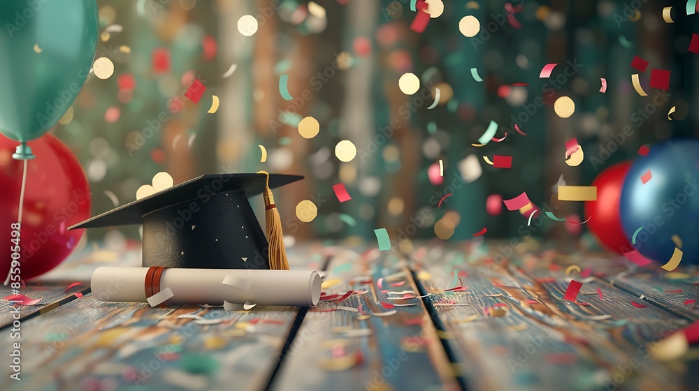 A graduation cap and diploma on a wooden background with confetti and ...