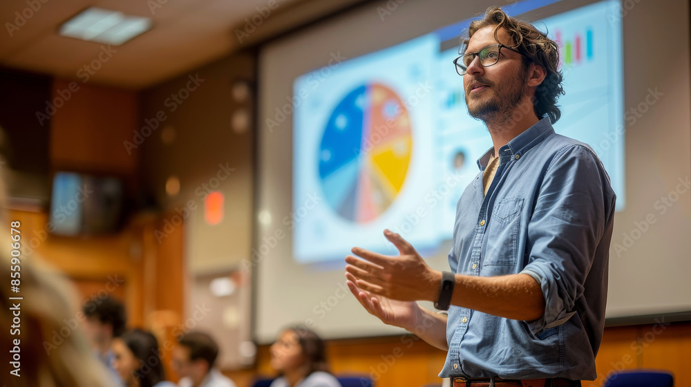 Confident presenter delivering a project analysis using a projector in ...