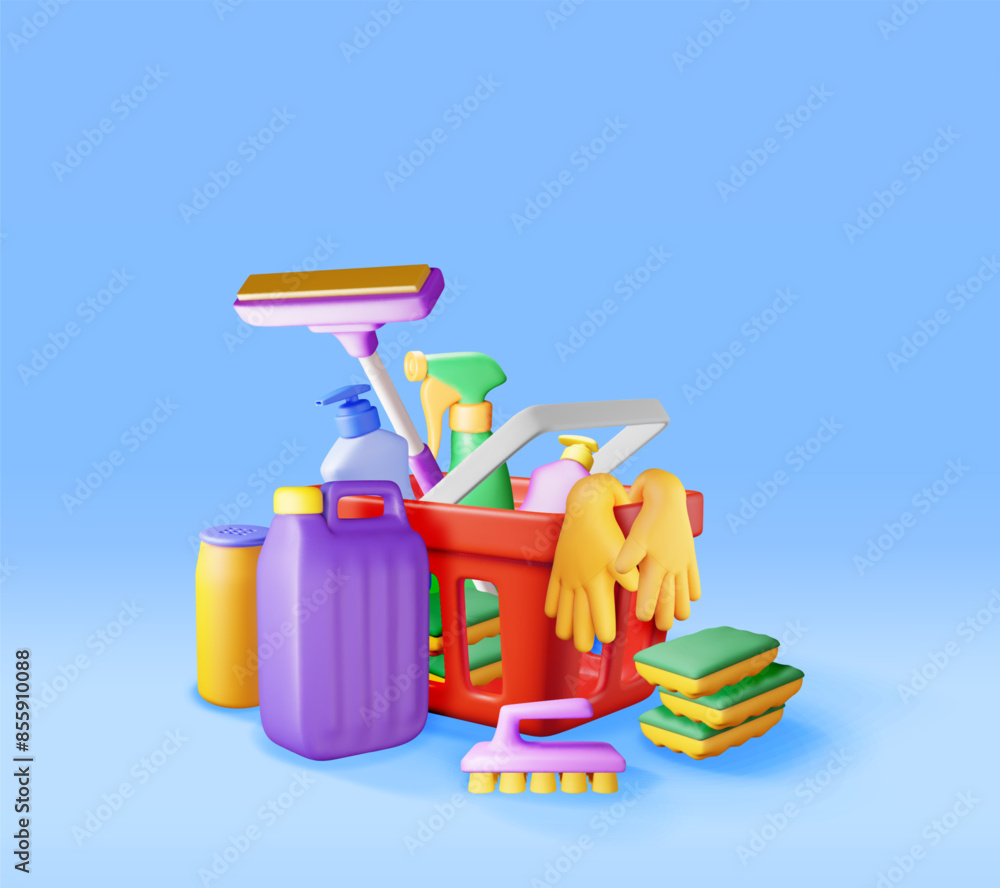 3D set of home cleaning tools isolated. Render collection of ...