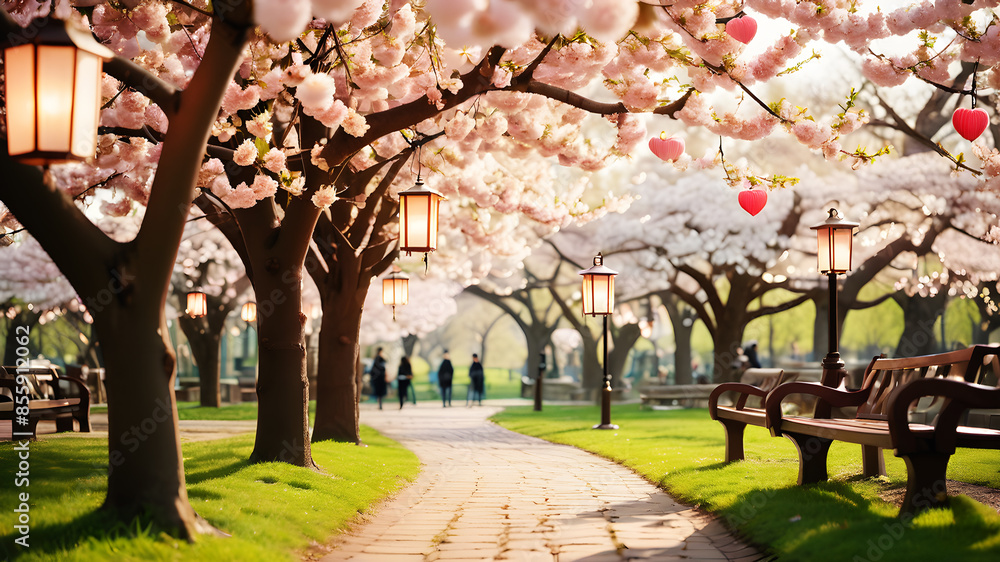 Depict a romantic park scene in springtime, with cherry blossoms in ...