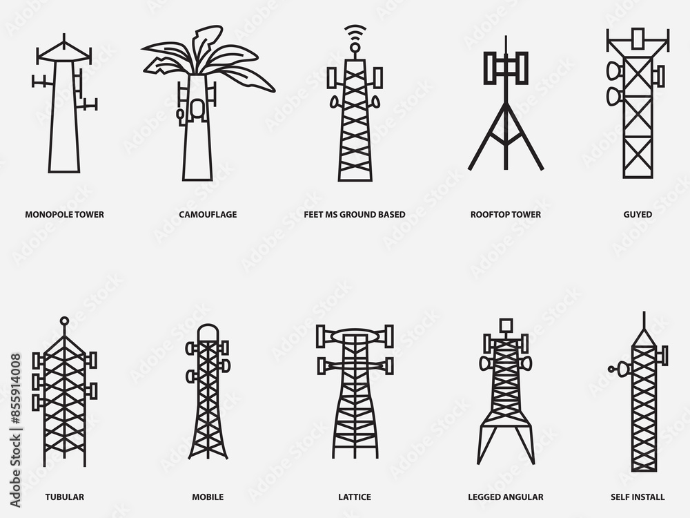 type of telecommuncation tower outline icon collection.telecom mobile ...
