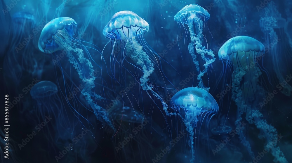 Jellyfish drifting in the open ocean, their translucent bodies and ...