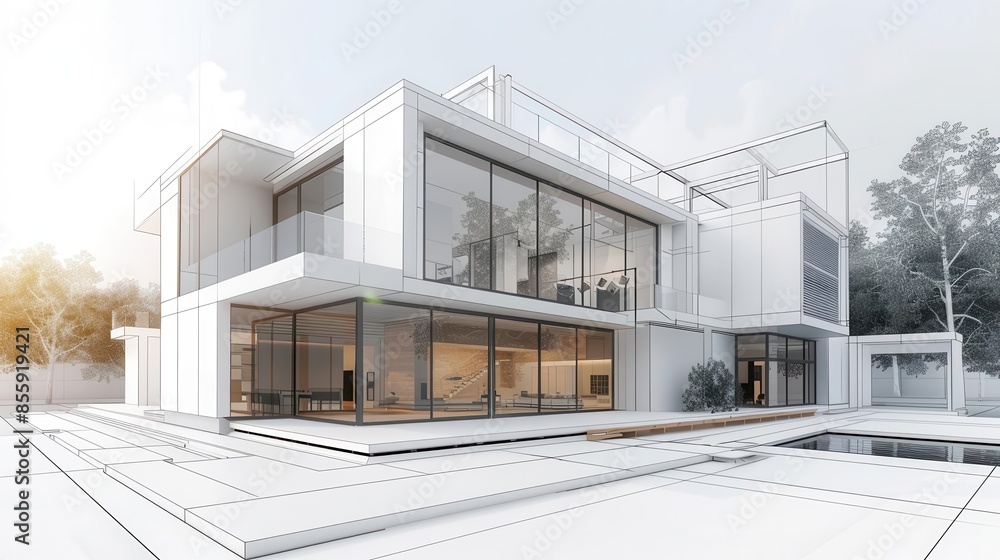3d rendering of modern house architectural plan detailed cad model for ...