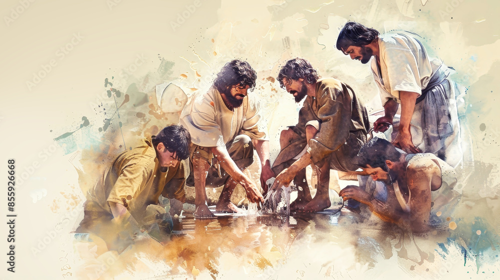 A painting depicting the biblical scene of Jesus washing the feet of ...