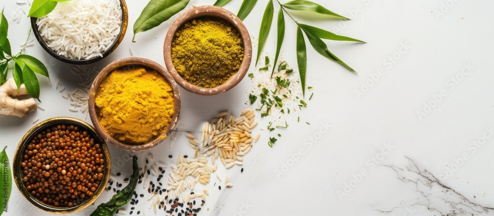 Rice box mixed curry paste pastel background Food Isolated. Copy space ...