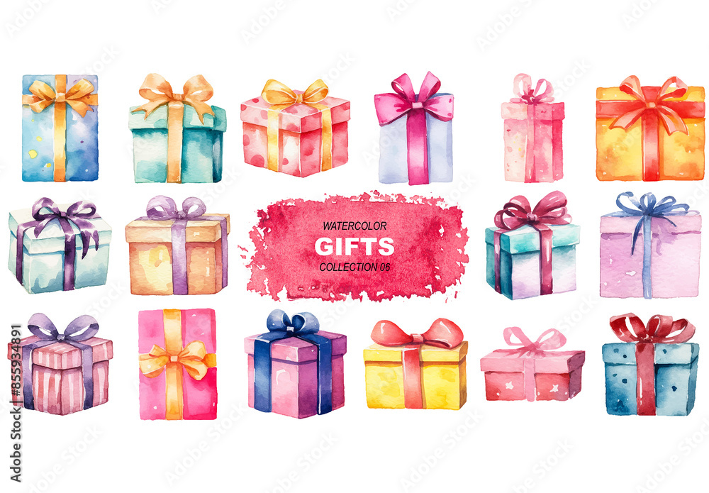 Vector watercolor painted style - gift boxes clipart isolated on white ...
