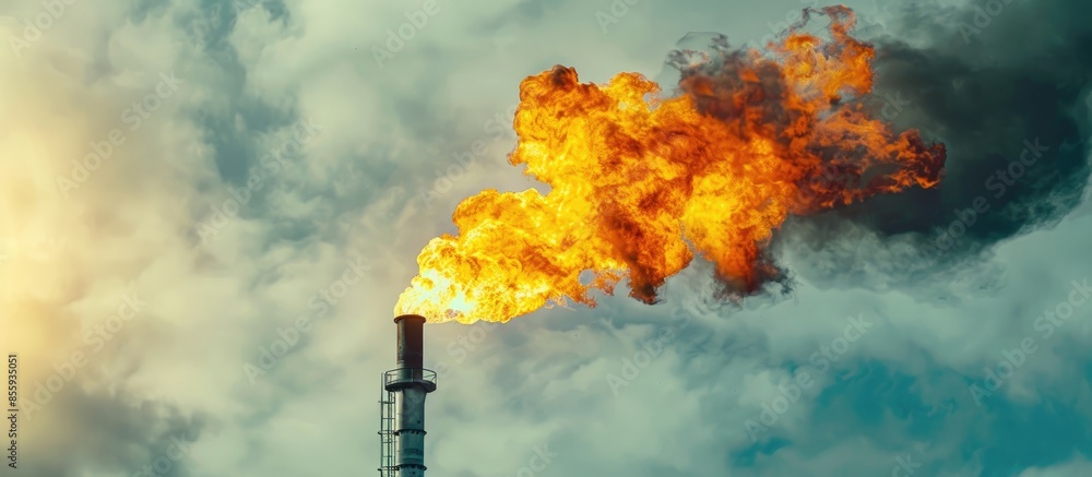 Burning gas torch with thick poisonous smoke. Gas processing and oil ...