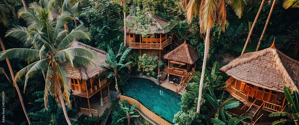 Bird's eye view of a luxurious hunting lodge in a thatched roof ...