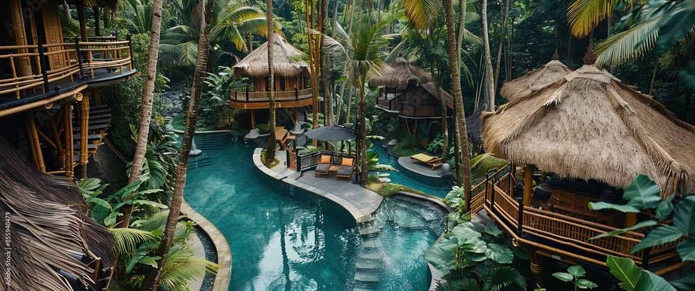 Bird's eye view of a luxurious hunting lodge in a thatched roof ...