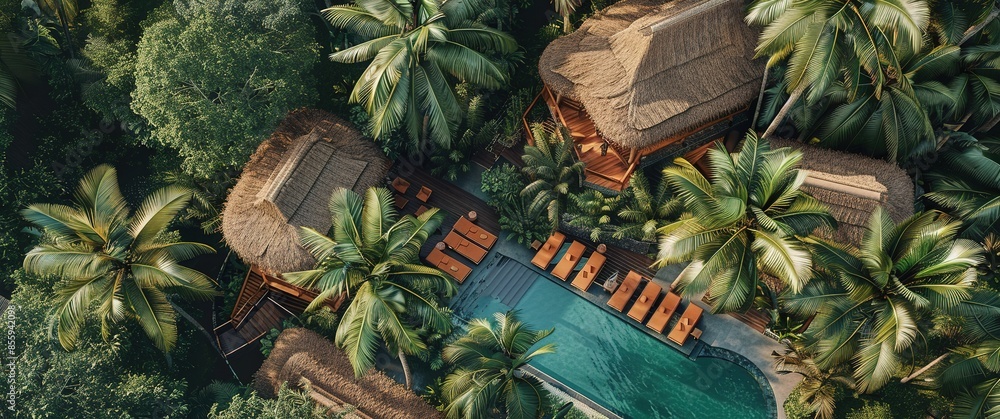 Bird's eye view of a luxurious hunting lodge in a thatched roof ...