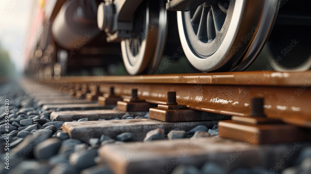 Train wheels on a railway track showing detailed metal rails, wooden ...