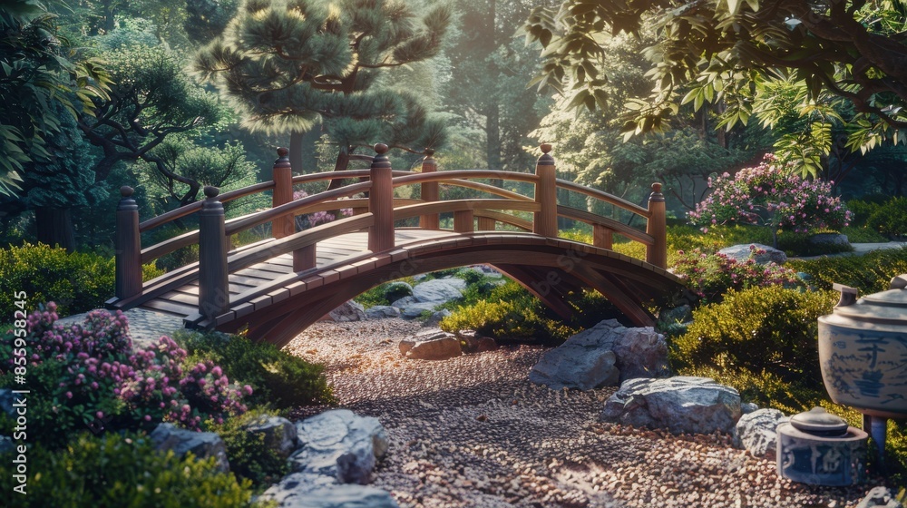 Wooden bridge spanning a zen rock garden, traditional Japanese pottery ...