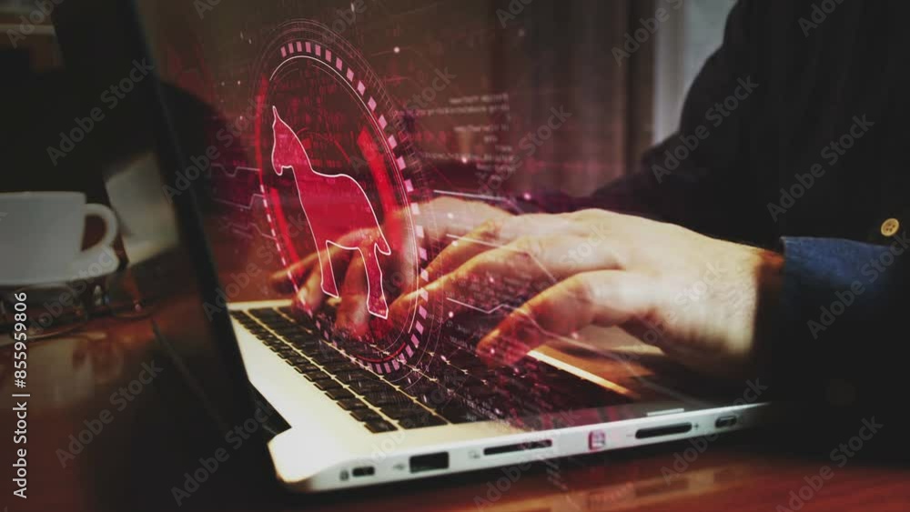 Trojan virus cyber crime and security breach symbol and man typing ...
