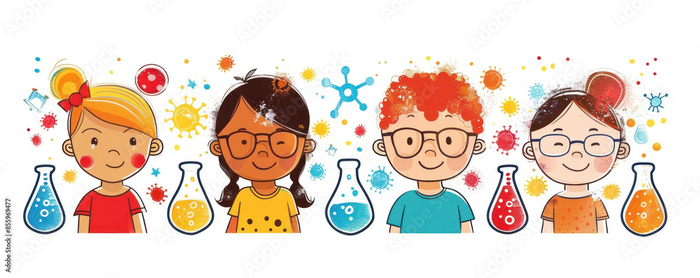 A group of children are holding beakers and smiling. Concept of fun and ...