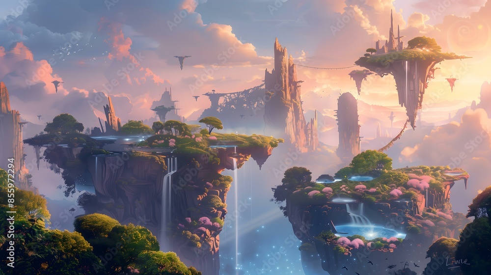 Floating islands with waterfalls and ancient ruins bask in the warm ...