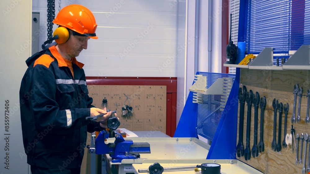In metal workshop, focused industrial worker follows safety protocols ...