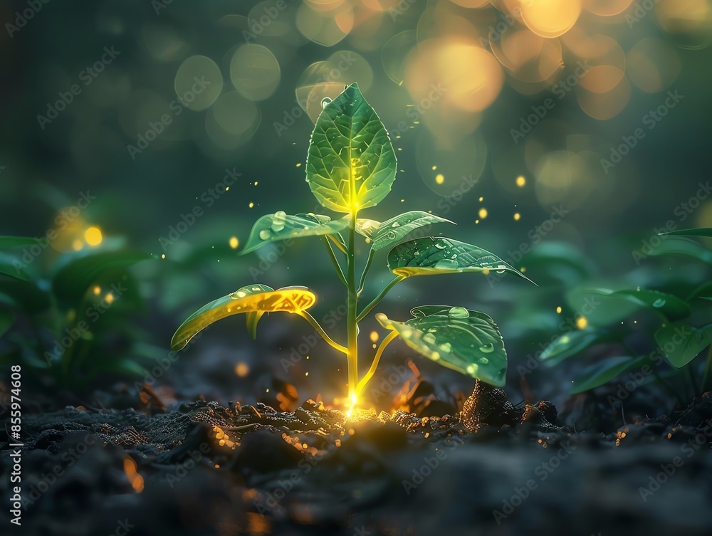 3D Thriving Plant A plant growing taller than the rest, glowing with ...