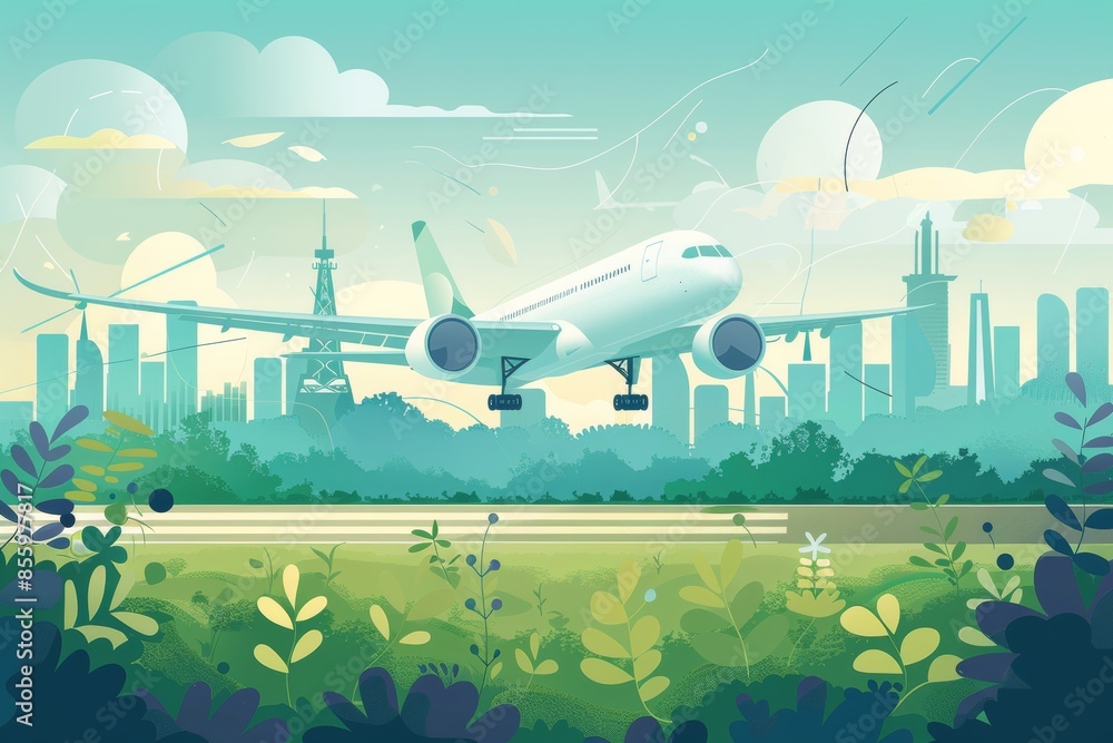airplane over modern city. future of sustainable aviation flat ...