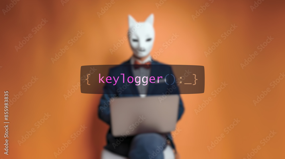 Cybersecurity concept keylogger on foreground screen, hacker silhouette hidden with low poly ...