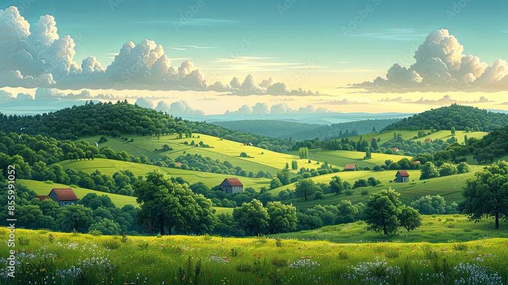 Nature and farm landscape. village, sky, field, trees, house and lawn ...