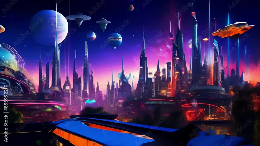A fantasy dreamy cityscape with towering skyscrapers and floating ...