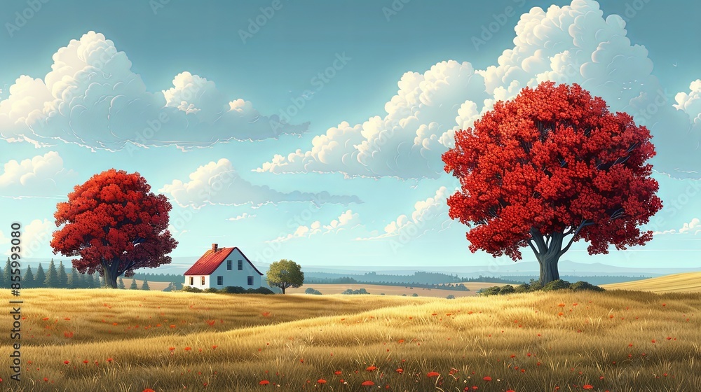 Nature and farm landscape. village, sky, field, trees, house and lawn ...