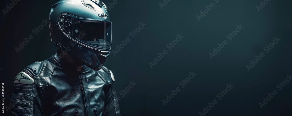 Man wearing a black leather motorcycle jacket and helmet, facing ...