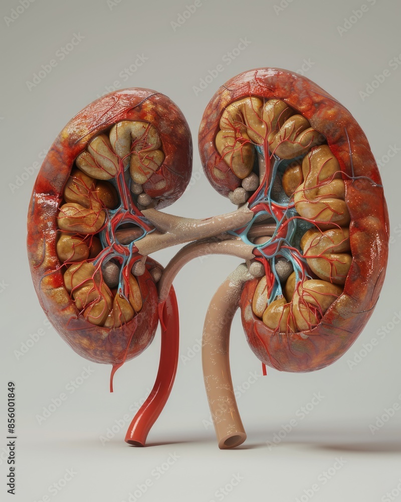 3D model of human kidneys, showcasing renal cortex and medulla ...