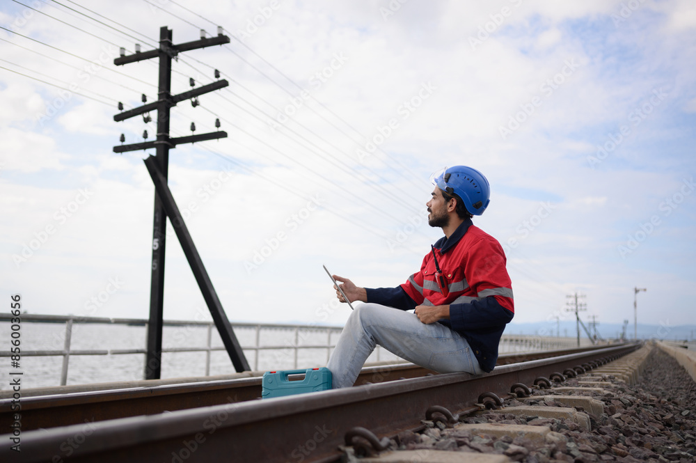 Engineer railway under checking construction process train testing and ...