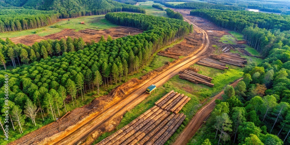 ภาพประกอบสต็อก Aerial view of deforestation and timber harvesting ...