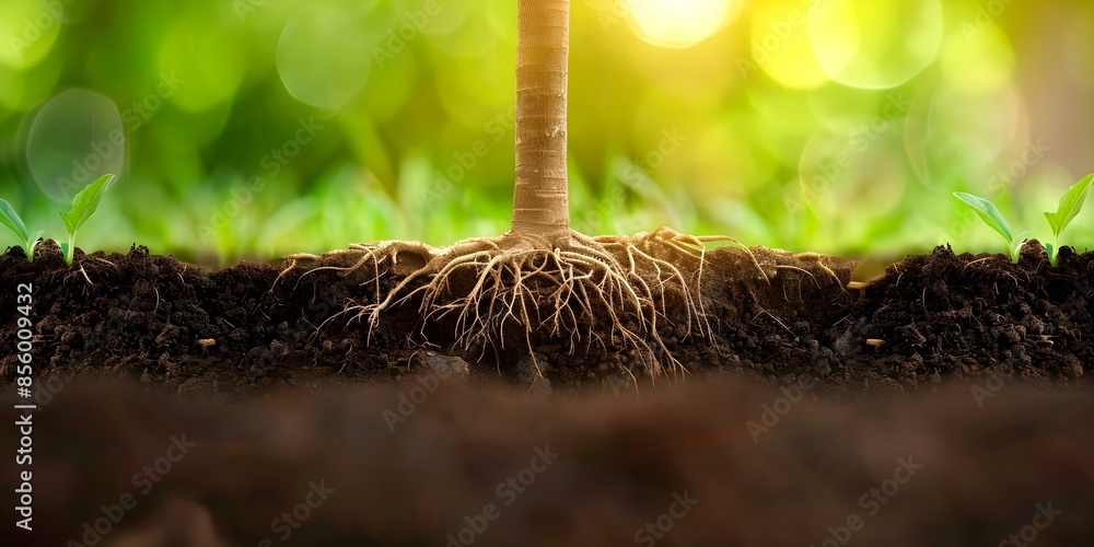 Tree roots absorb water from soil through a deep root system. Concept ...