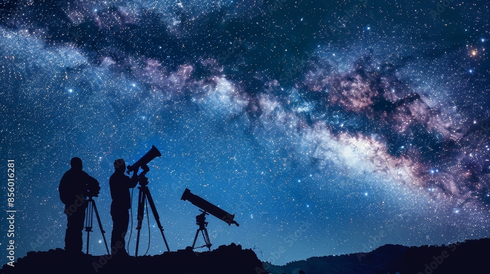 Night sky exploration by scientists, silhouettes with telescopes under ...