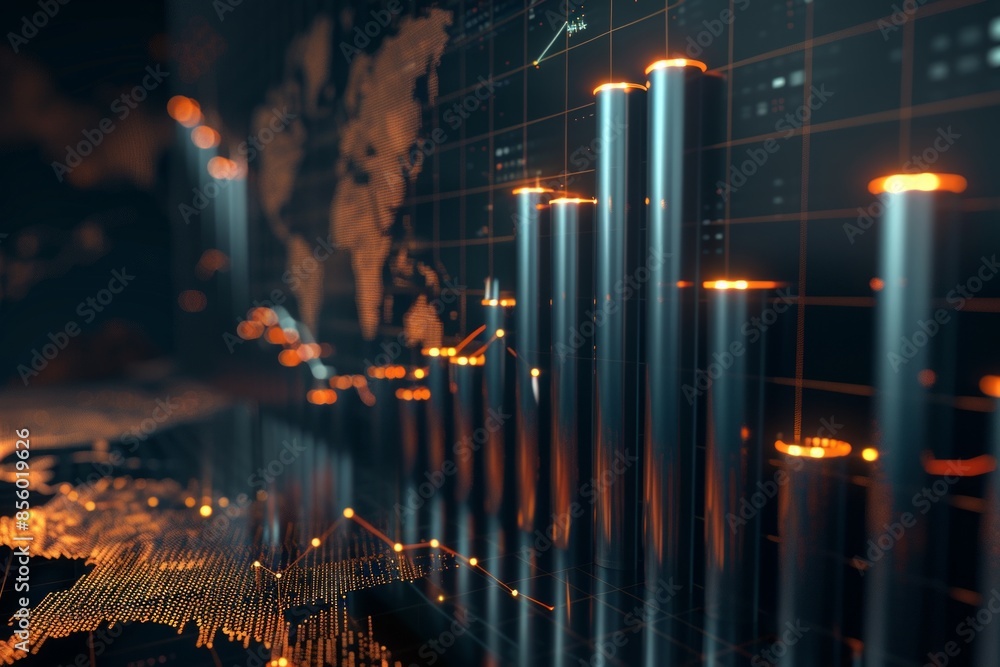 Visual representation of global financial markets with world map and ...