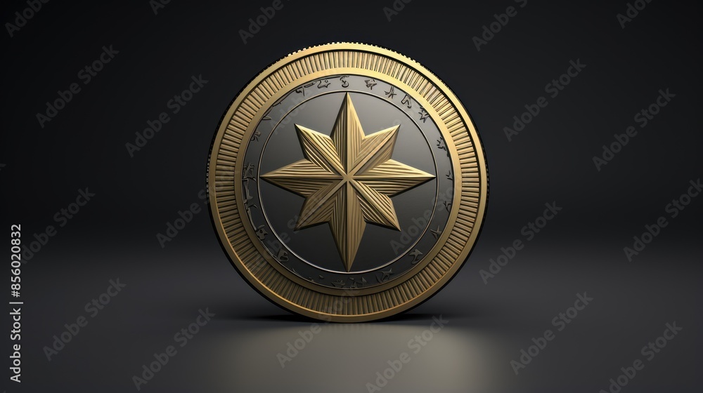 A 3D rendering of a shiny gold coin with an eight-pointed star in the ...