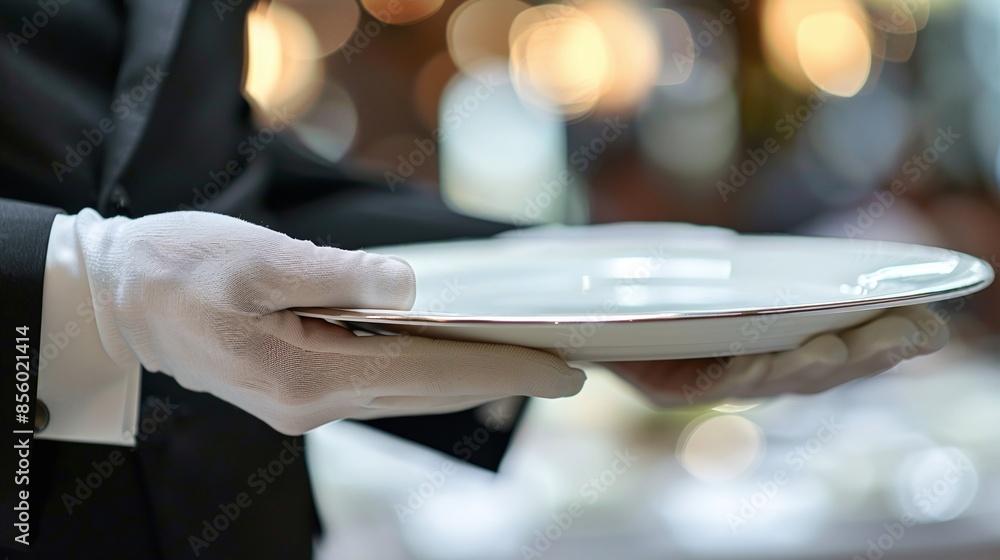 Waiter tray butler hand serve hold plate isolated white man silver ...