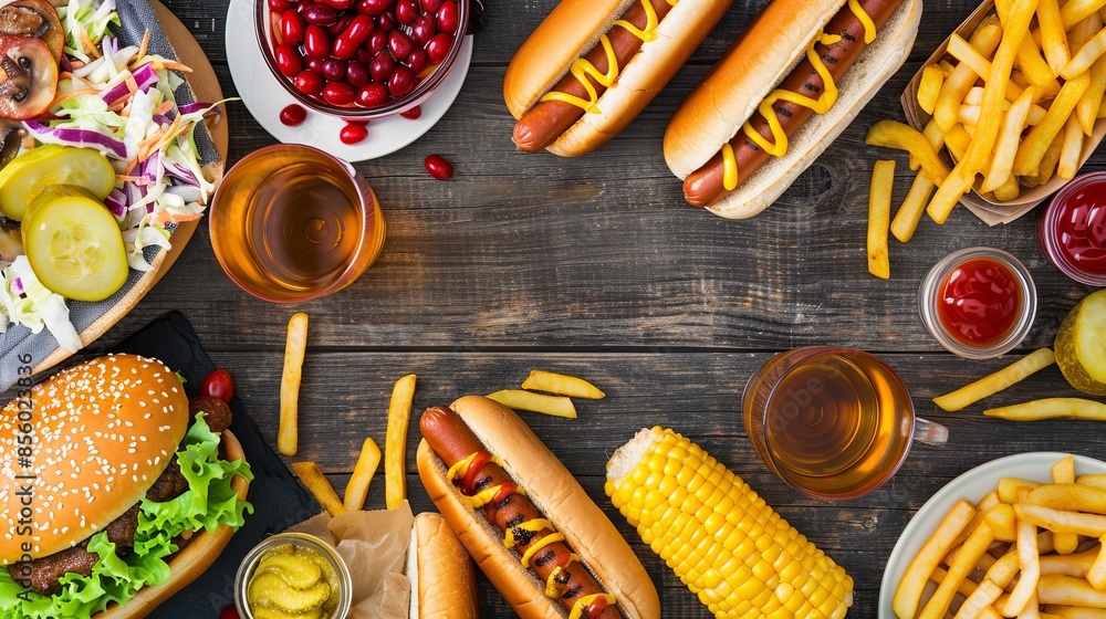 Classic American Cookout: A top-down view of a background featuring hot ...