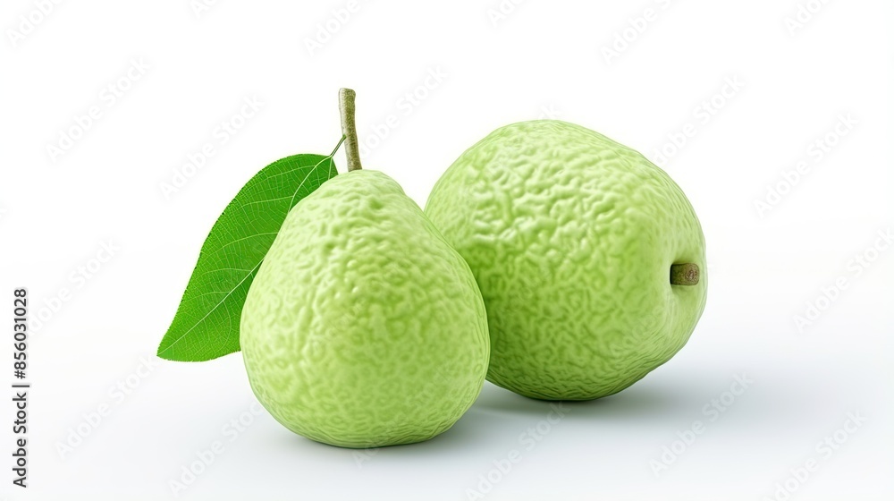 Two green pears with leaves isolated on white background. The pears are ...