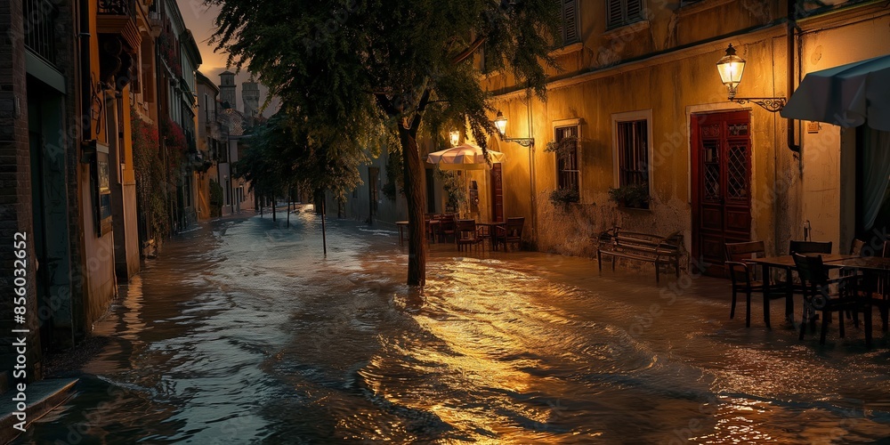 A photo of a post-apocalyptic cityscape with water, trees and debris on ...