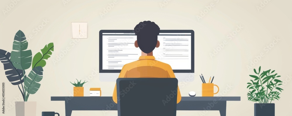 Illustration of a focused person working on a computer at a tidy desk ...