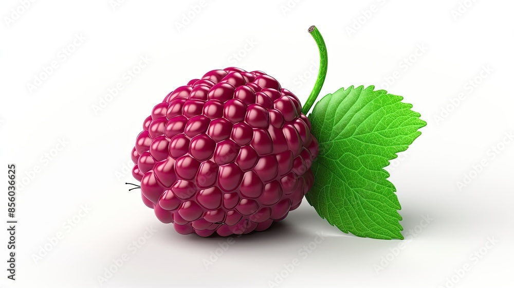 A photo of a single raspberry on a white background. The raspberry is ...