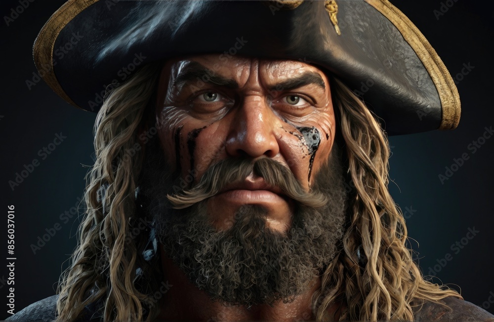 The infamous pirate Blackbeard emerges in vivid detail. His weathered ...
