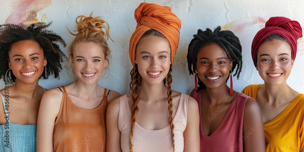 Happy women of different nationalities and appearances stand next to ...