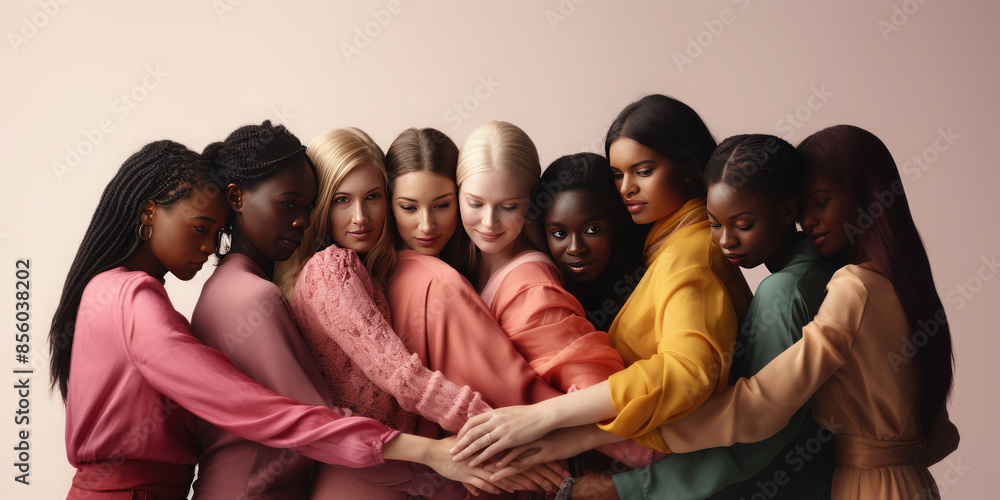 Happy women of different nationalities and appearances stand next to ...