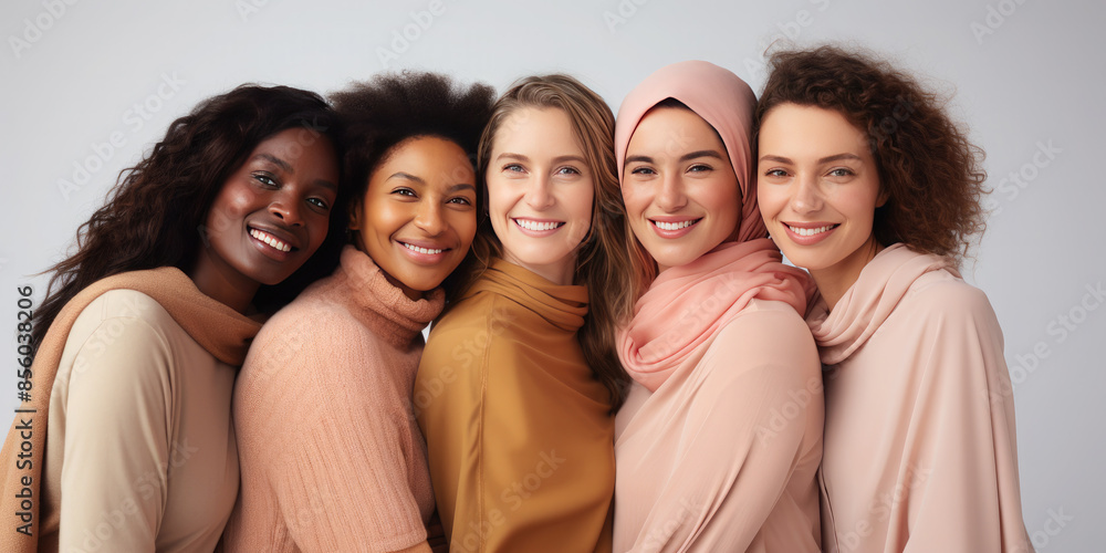 Happy women of different nationalities and appearances stand next to ...