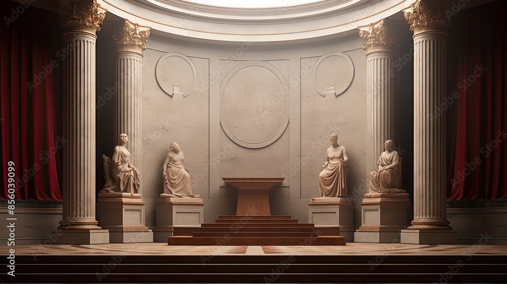 The image is a 3D rendering of a classical temple. The temple has a ...