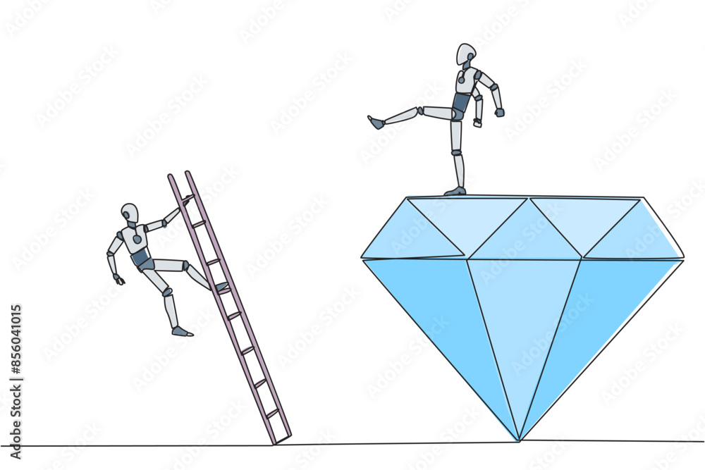 Vetor de Single continuous line drawing smart robot kicks rival who is ...