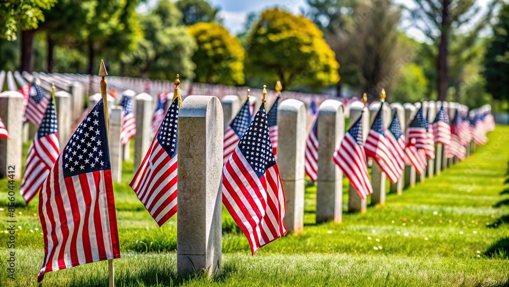 Military headstones and gravestones decorated with flags for Memorial ...