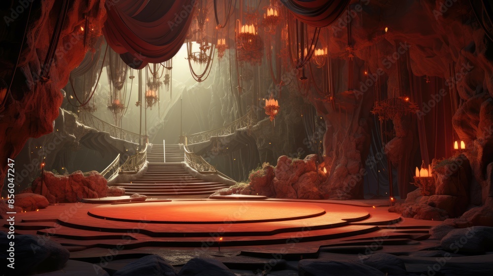 The image is a dark and mysterious cave. The walls are covered in ...