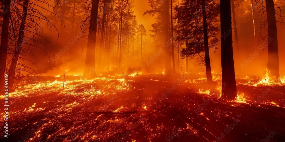 A photo of a large forest fire raging, with flames and smoke filling ...